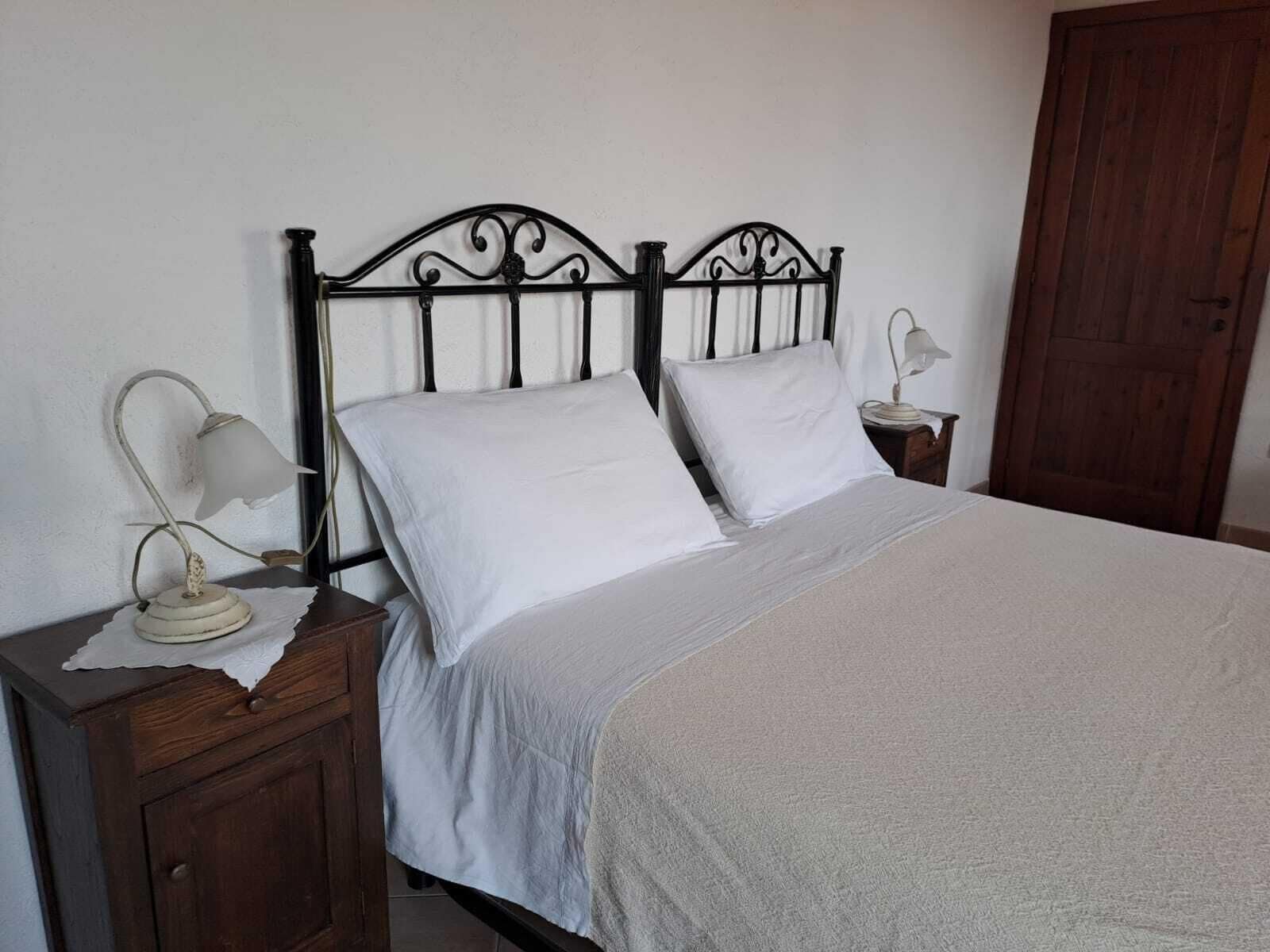 Uma cama de solteiro com cabeceira de metal, uma mesa de cabeceira com abajur e uma porta de madeira em um quarto com paredes brancas.