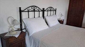 Uma cama de solteiro com cabeceira de metal, uma mesa de cabeceira com abajur e uma porta de madeira em um quarto com paredes brancas.