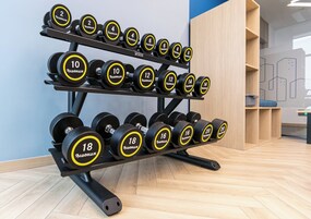 Suporte para musculação com halteres identificados com pesos de 2 a 20 quilogramas.