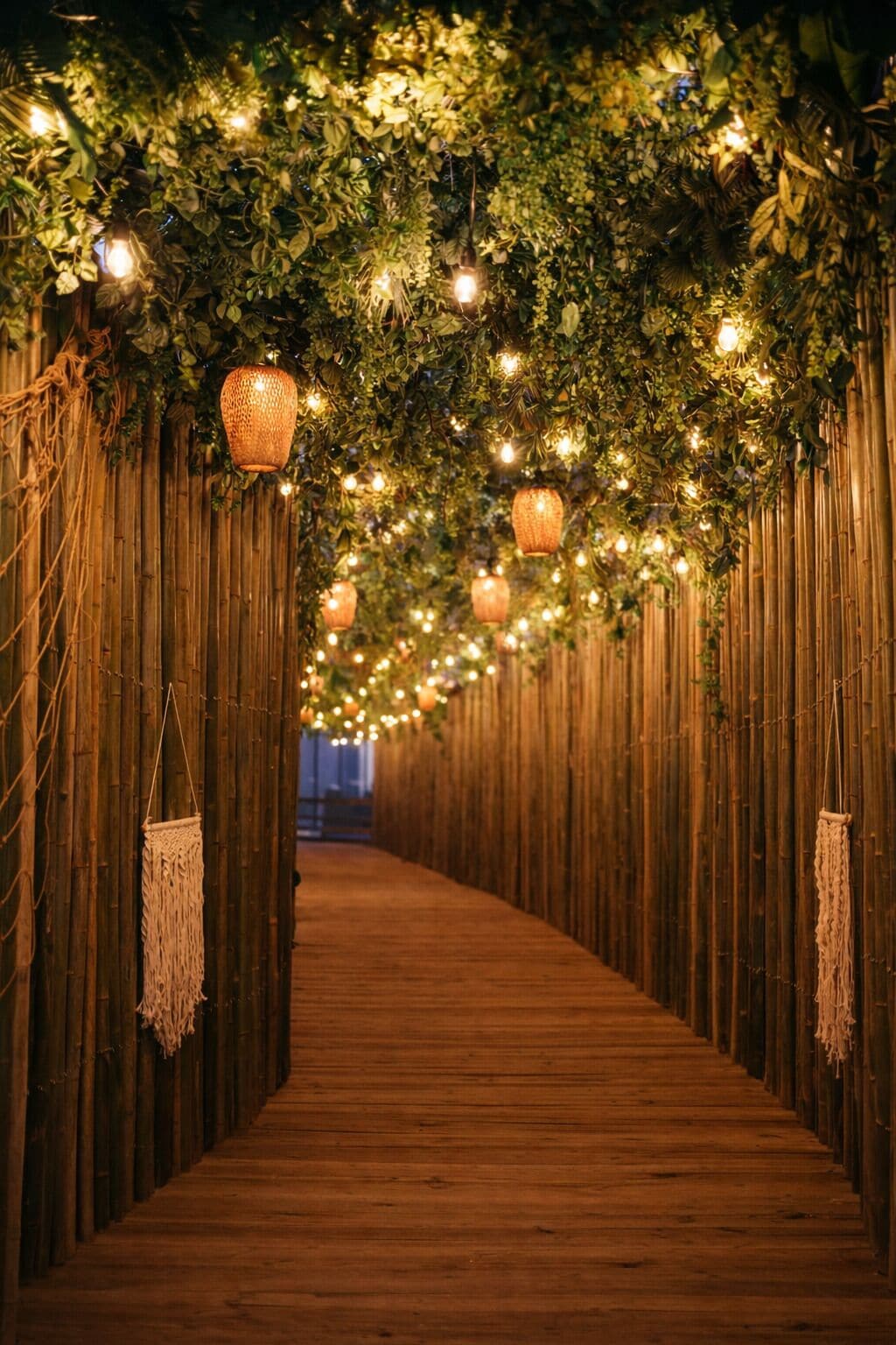 Uma passarela de madeira com luzes pendentes e decorações em macramé.