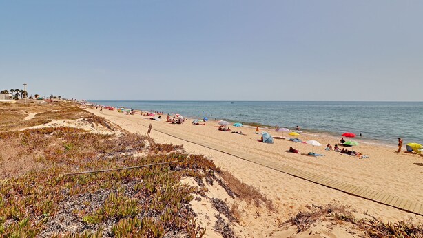 Uma praia com areia dourada, guarda-sóis e pessoas.