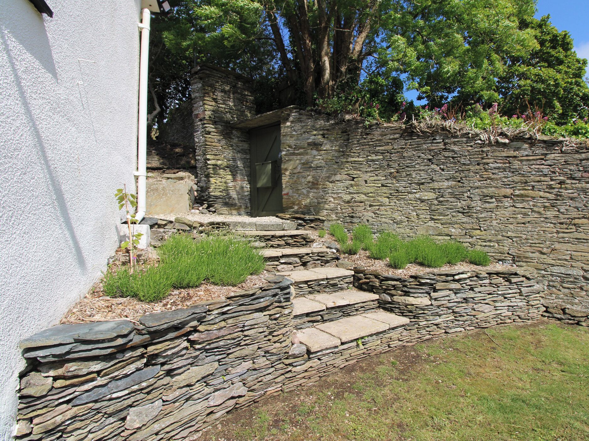 Escadaria de pedra que leva a uma porta, cercada por vegetação e uma parede branca.