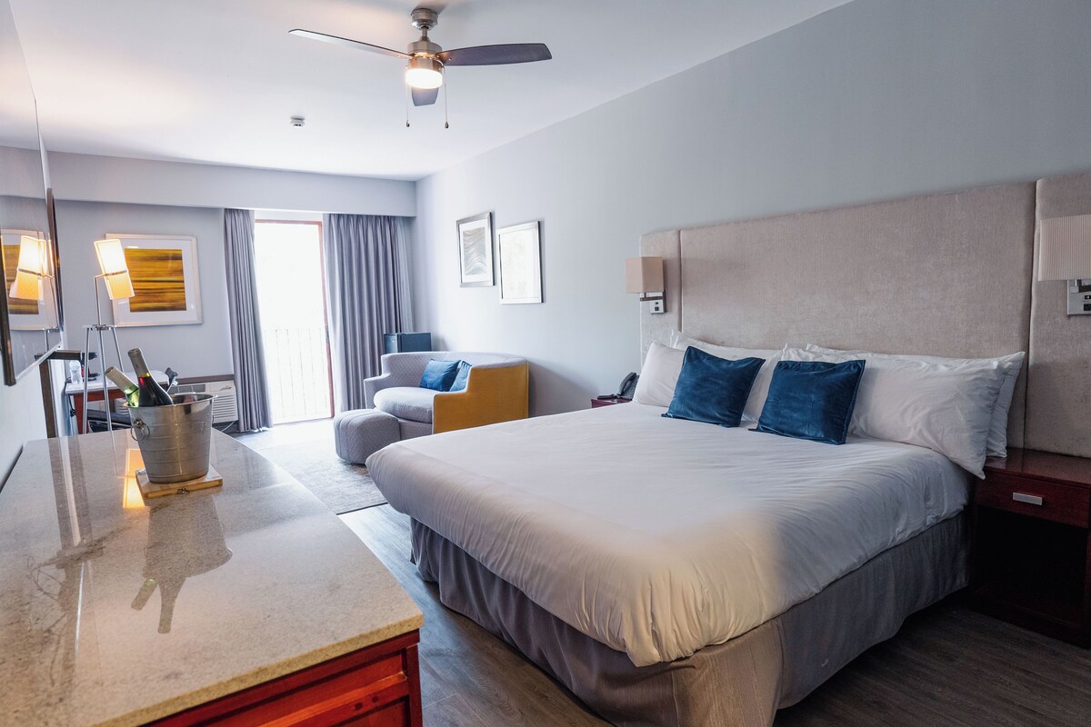 Quarto de hotel com uma cama grande, uma escrivaninha, uma cadeira e um minibar.