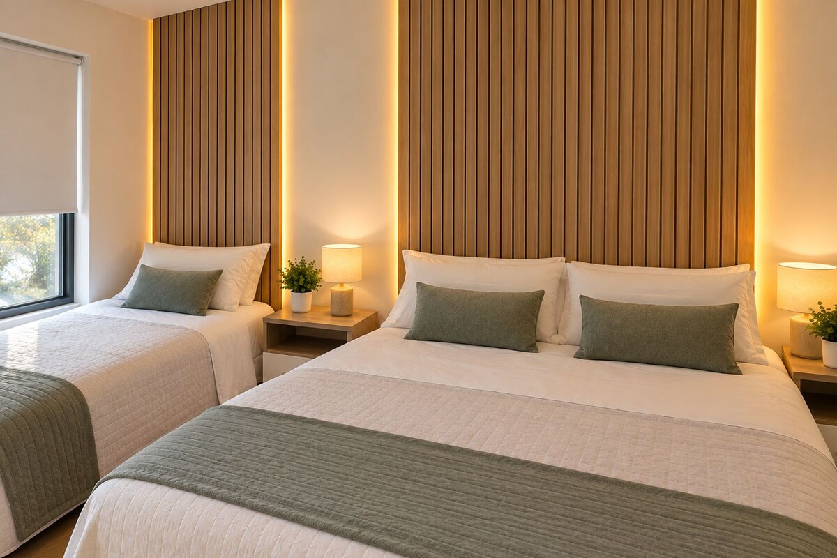 Quarto de hotel com duas camas, cada uma acompanhada de mesa de cabeceira, luminária e planta em vaso.