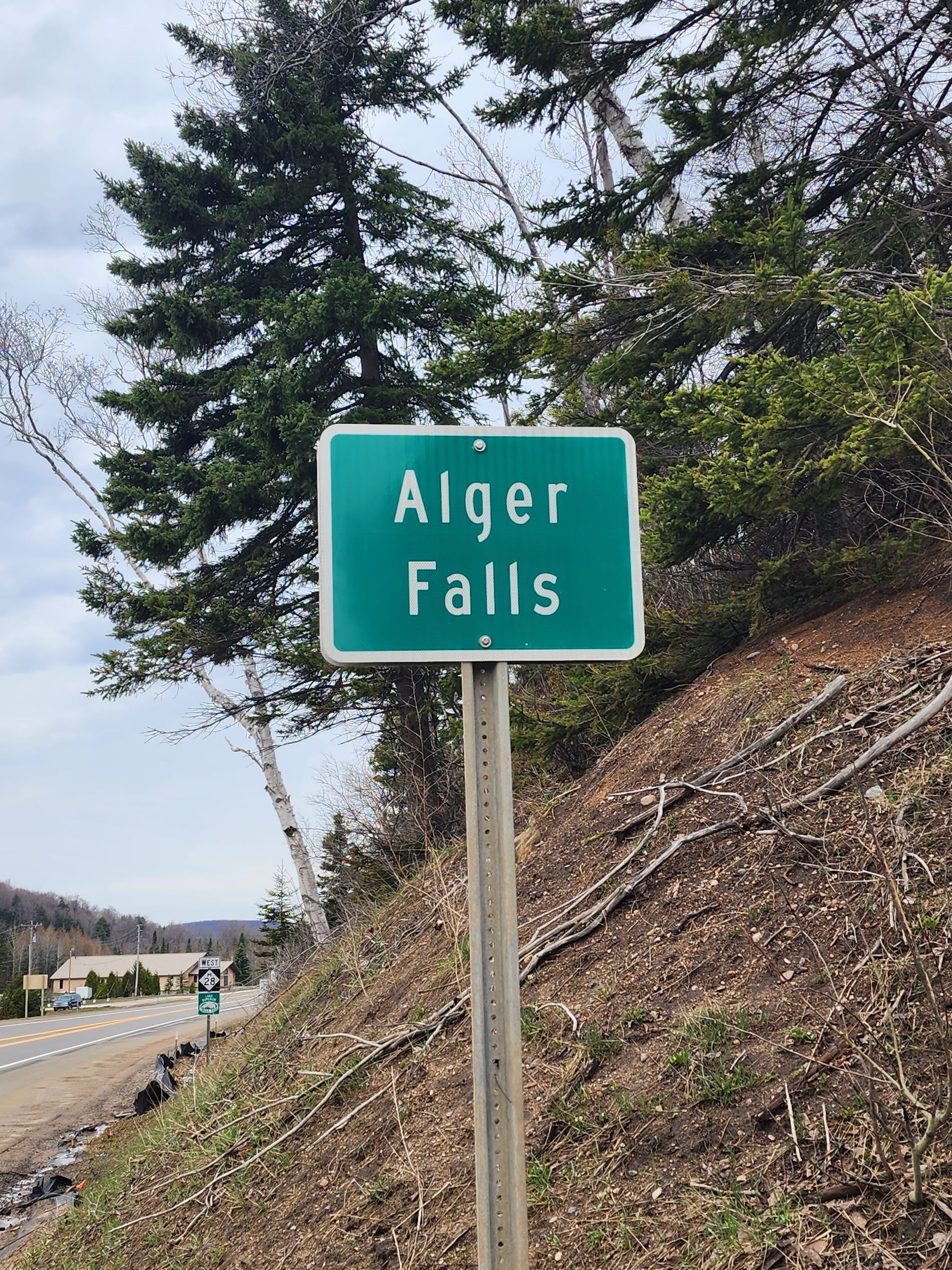 Placa de trânsito para 'Alger Falls', com vista para uma área arborizada e uma estrada ao fundo.
