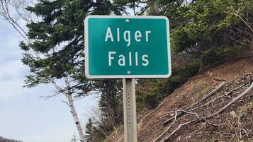 Placa de trânsito para 'Alger Falls', com vista para uma área arborizada e uma estrada ao fundo.
