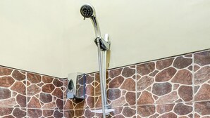 Casa de banho com chuveiro, sanita e parede revestida a azulejos.