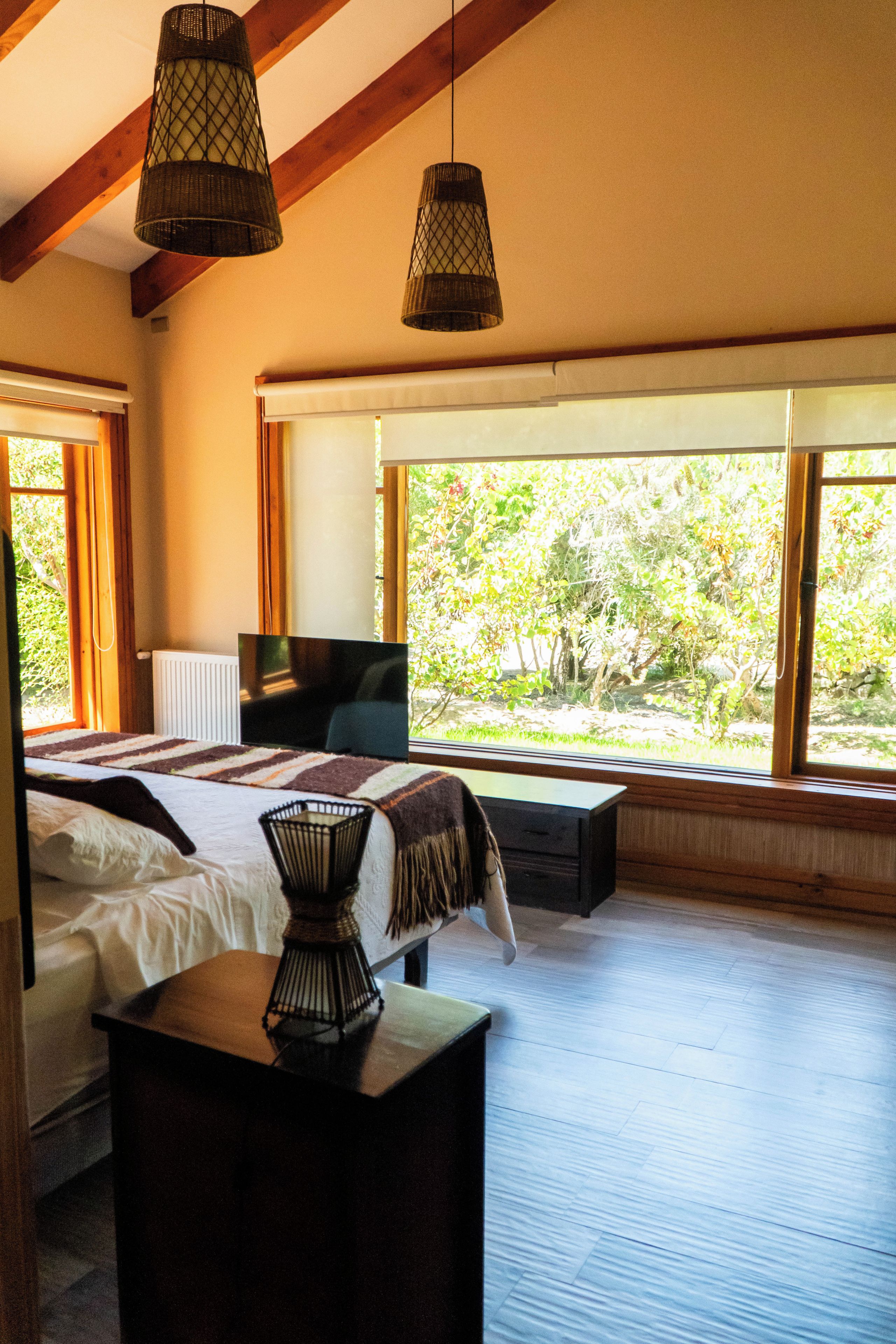 Quarto com cama grande, televisão e vista para árvores através de amplas janelas.