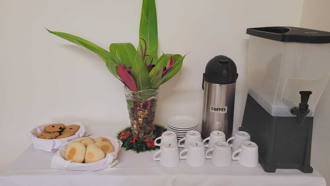 Uma estação de café com cafeteira, xícaras e uma planta.