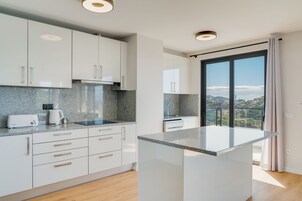 Apartamento Comfort | Cozinha privada | Um frigorífico, um micro-ondas, um forno, uma placa de cozinha 