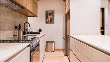 Um frigorífico/congelador grande, um micro-ondas, um forno