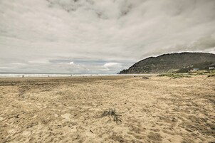 Uma praia arenosa com uma colina arborizada ao fundo.