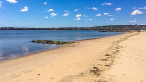 Uma praia com águas azul-claras, areal arenoso e vegetação ao fundo.