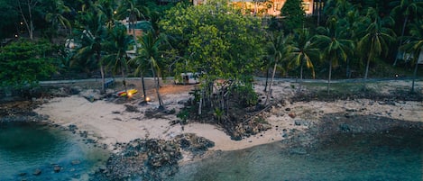 Um imóvel costeiro com praia, palmeiras e uma casa com telhado escuro.