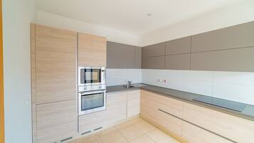 Apartamento Básico, várias camas, vista para o mar | Cozinha privada | Um frigorífico, um micro-ondas, um forno, uma placa de cozinha