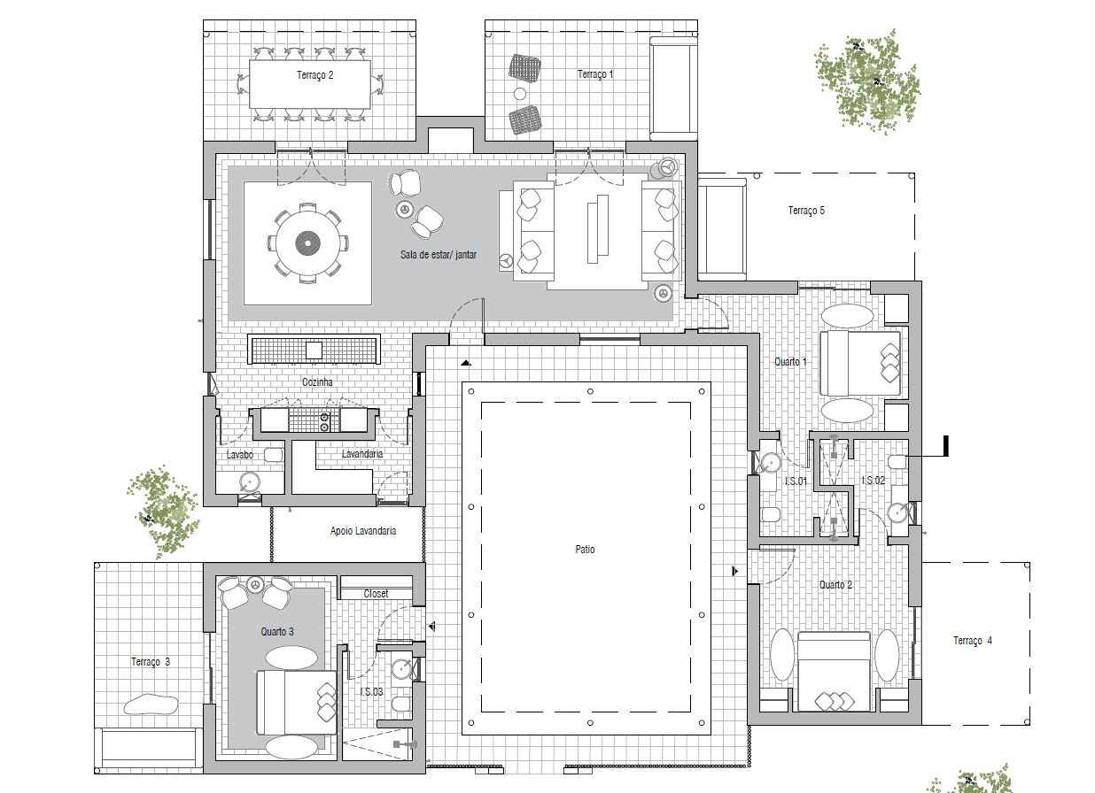 Planta baixa de um hotel com várias varandas, cozinha, sala de jantar e banheiro.