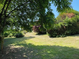 Um jardim bem cuidado com diversas árvores e arbustos, um caminho bem definido e uma área gramada.