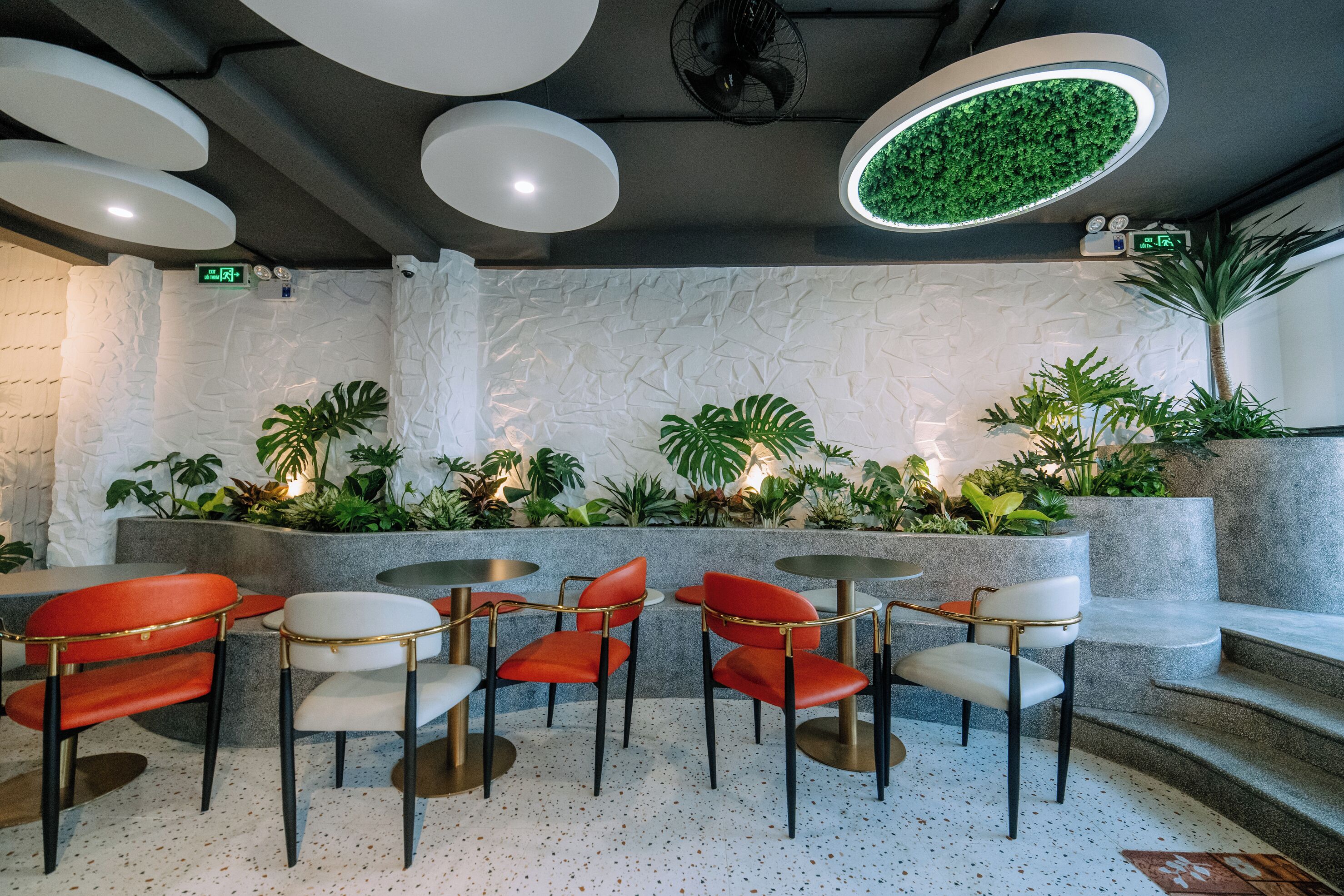 Um interior moderno com mesas e cadeiras arredondadas, parede texturizada e plantas verdes.