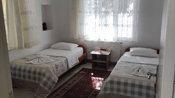 Quarto com duas camas de solteiro, uma mesinha com um vaso, janela com cortinas leves e um tapete escuro com padrão.
