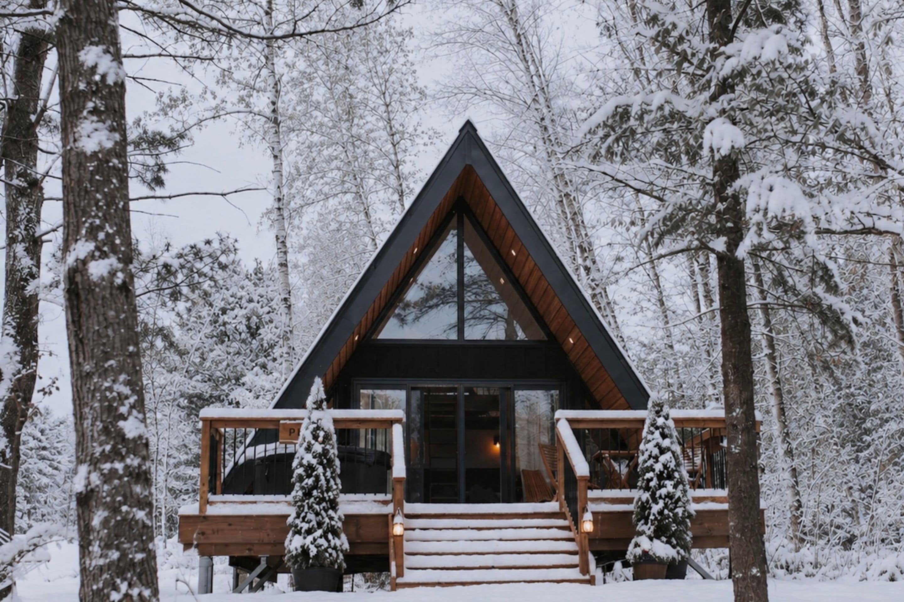 Uma cabana com telhado triangular, deck de madeira e entrada de vidro.