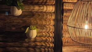 Pared de madeira rústica com duas plantas em vasos e uma luminária pendente.