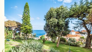 Um jardim costeiro com diversas árvores e uma vista clara do mar.