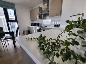 Apartamento | Cozinha privada | Geladeira, micro-ondas, fogão, cooktop