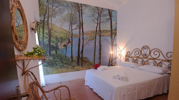 Quarto com uma cama, uma cadeira, prateleira fixada na parede com uma planta e um mural grande com tema da natureza.