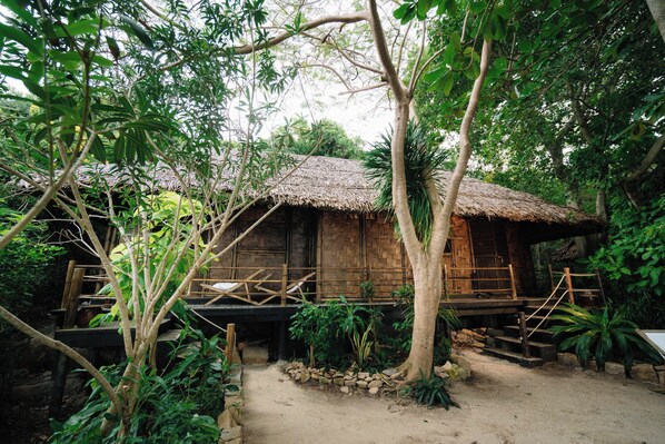 Uma casa de madeira rústica com telhado de palha, rodeada por vegetação exuberante e um caminho de terra que leva à entrada.