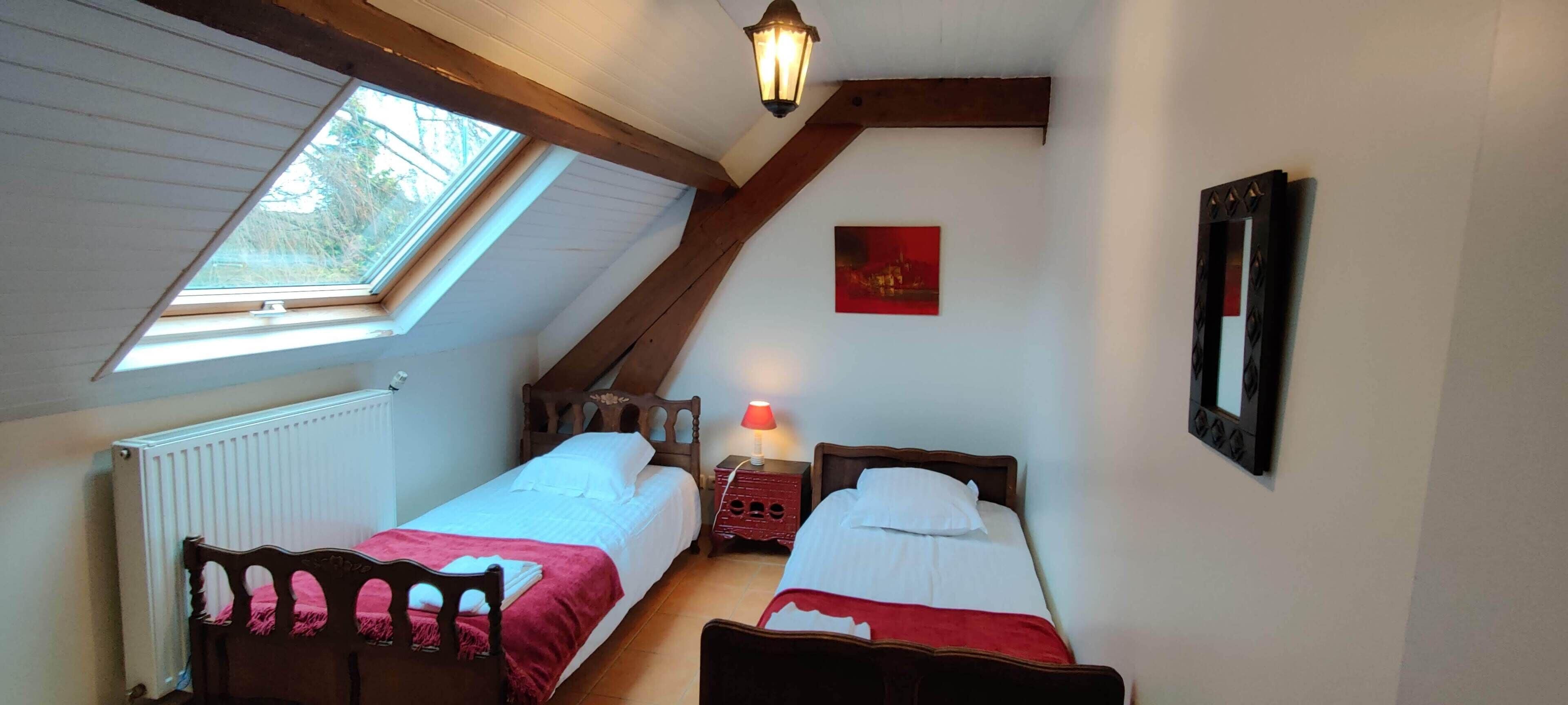 Quarto com duas camas, claraboia, radiador, abajur e um quadro na parede.