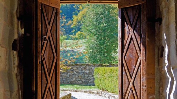 Uma porta arqueada com painéis de madeira e vista para uma paisagem verde.