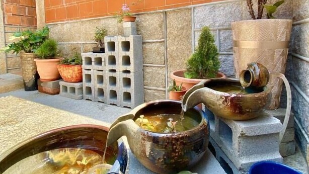 Um pátio com parede de tijolos, plantas em vasos, uma pequena janela e um espelho d'água.
