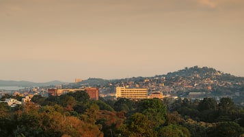 Paisagem urbana com uma colina imponente, edifícios e muita vegetação.