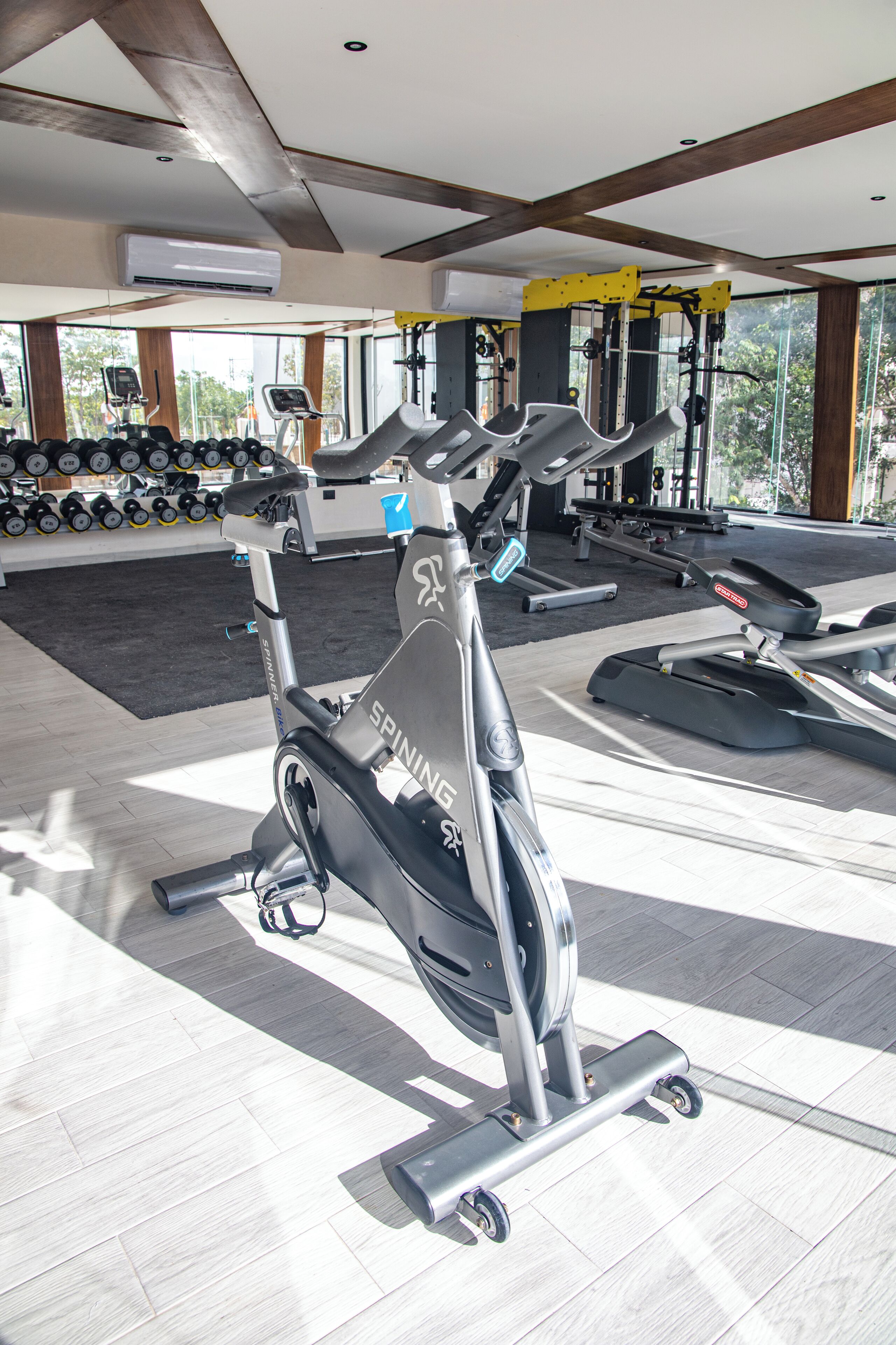 Academia com equipamentos de cardio, máquinas de musculação e halteres.