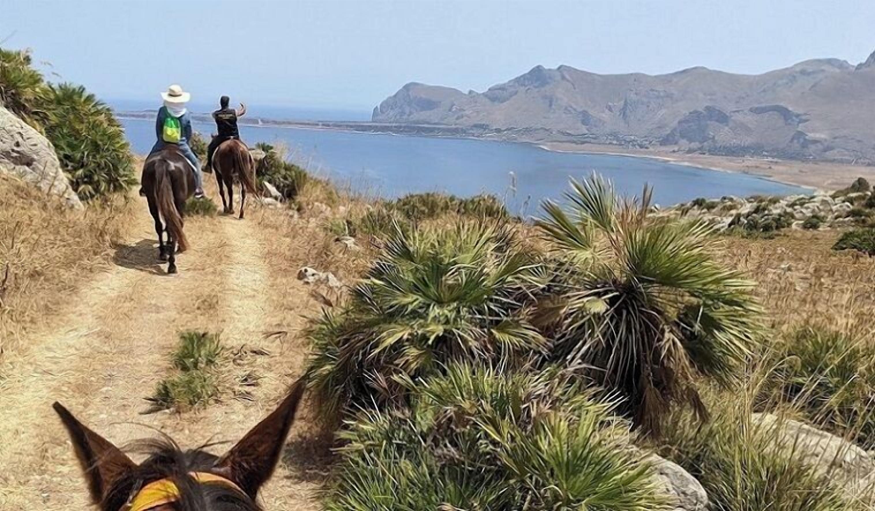 Um caminho costeiro com cavalos e cavaleiros, rodeado por vegetação seca e montanhas.