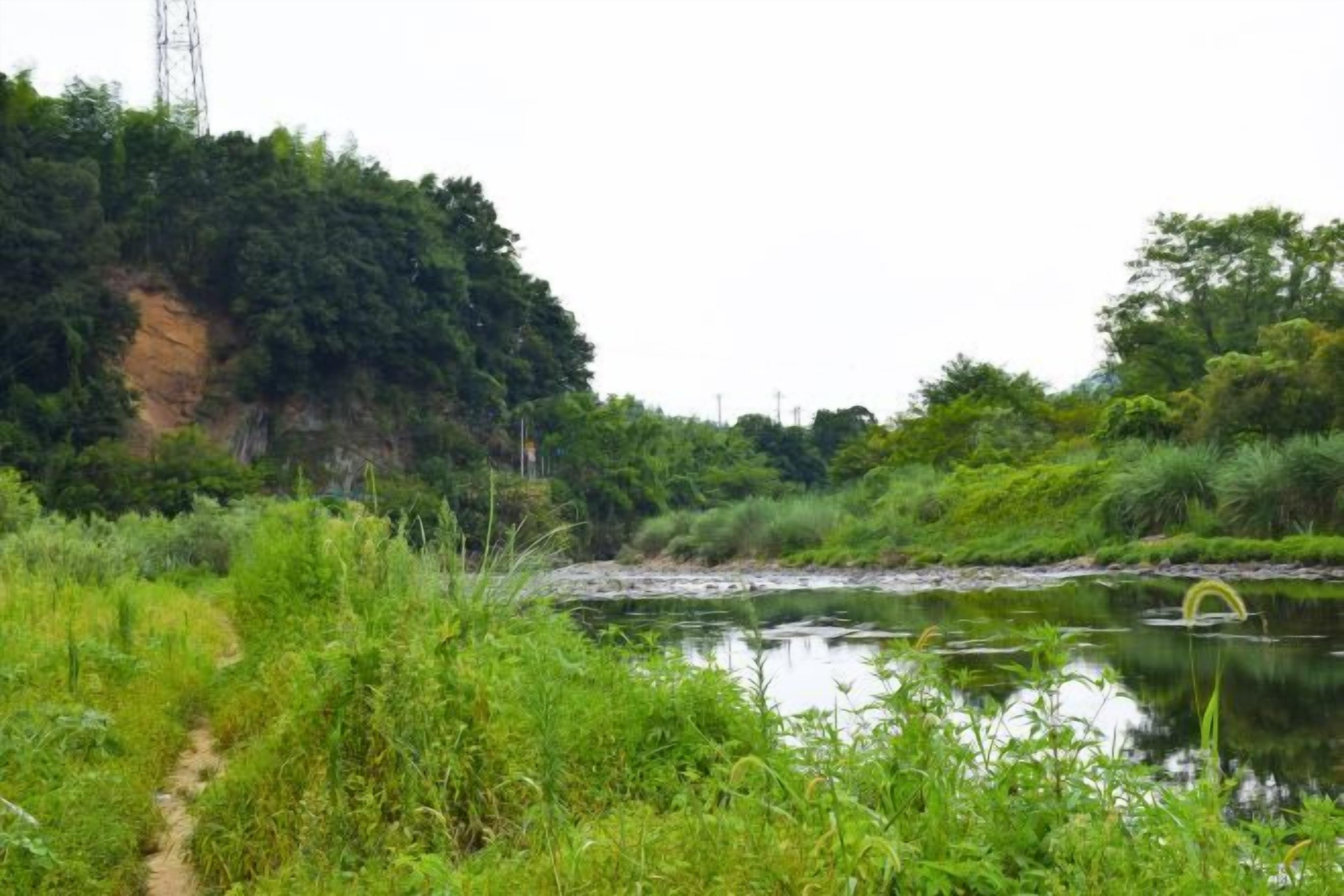 Paisagem natural com rio, vegetação densa e trilha que leva a um penhasco.