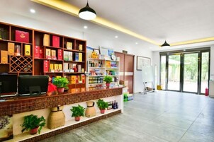 Uma área de recepção com balcão, prateleiras com diversos itens e uma grande janela.