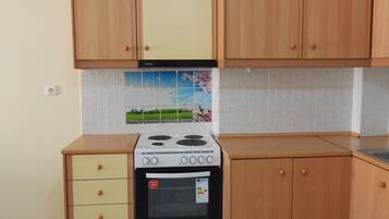 Uma cozinha compacta com armários de madeira, fogão embutido e painel de azulejos.