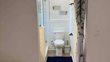 Quarto, 1 cama Queen | Banheiro | Chuveiro, produtos de toalete grátis, secador de cabelo, bidê