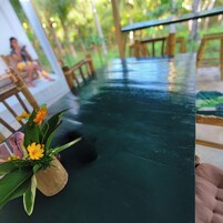 Um quarto comprido e estreito com chão escuro, móveis de madeira e um vaso com flores amarelas.