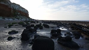 Uma praia rochosa com grandes pedras e uma passarela de madeira.