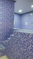 Quarto executivo | Banheiro | Chuveiro, toalhas de banho, papel higiênico 