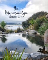 Um ambiente de spa tranquilo com piscina refletora, rodeada por pedras e plantas nativas, com vista para um corpo d'água.