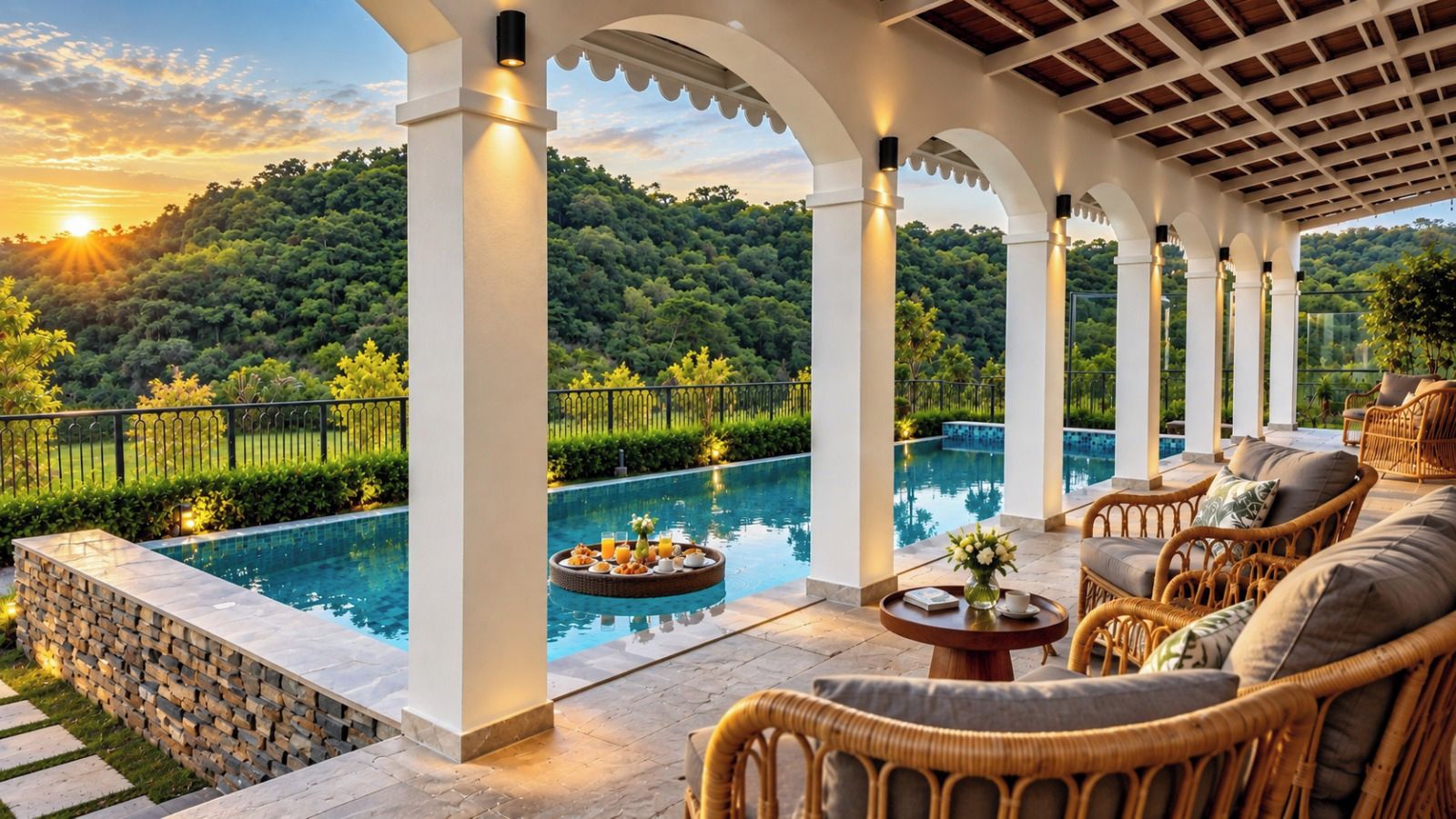 Uma área externa coberta com piscina, móveis de vime e vista para uma colina arborizada.