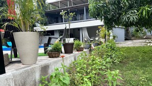 Área de jardim com vasos de plantas e um muro de plantadores de concreto.