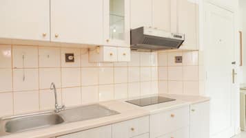 Apartamento Deluxe | Cozinha privada | Um frigorífico/congelador grande, uma placa de cozinha