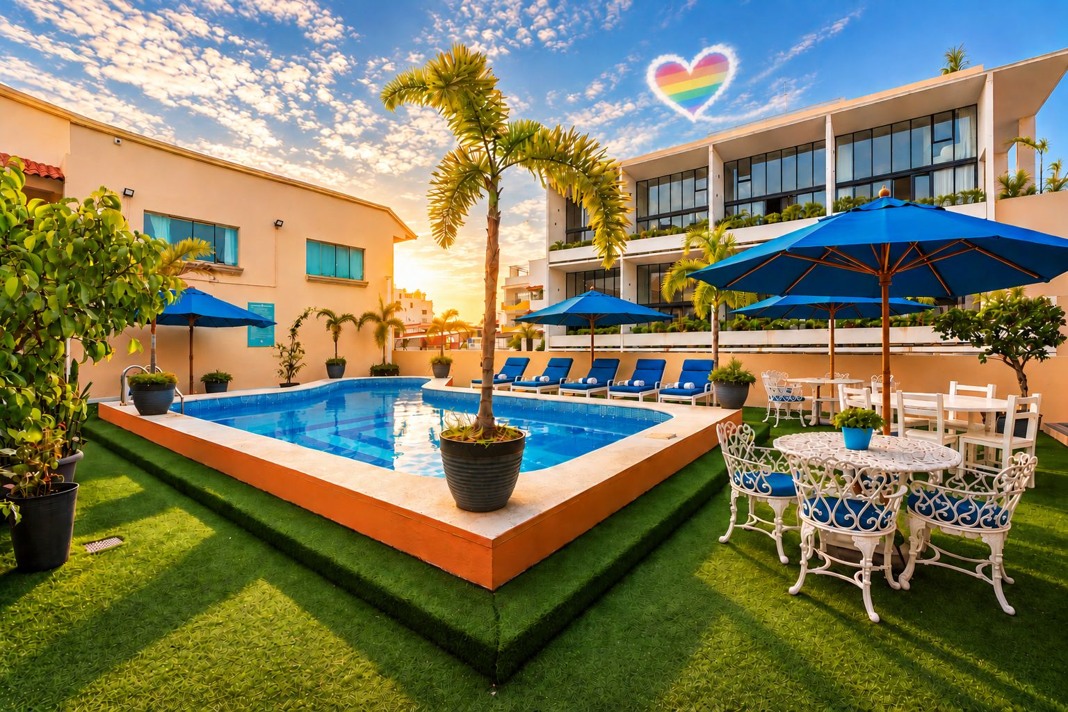 Piscina com espreguiçadeiras e guarda-sóis, cercada por vegetação e um edifício com grandes janelas.