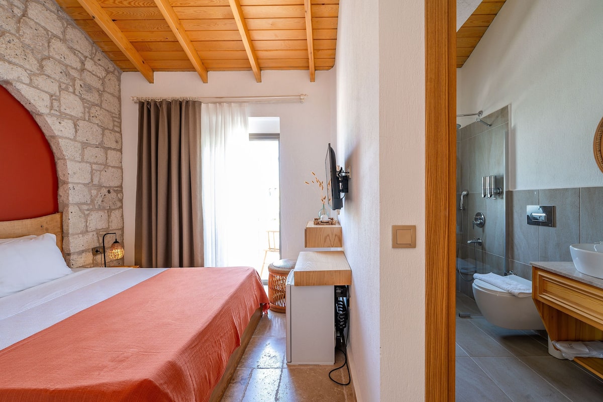 Quarto com cama, cabeceira de madeira, mesa de cabeceira, televisão e banheiro com chuveiro, vaso sanitário e pia.