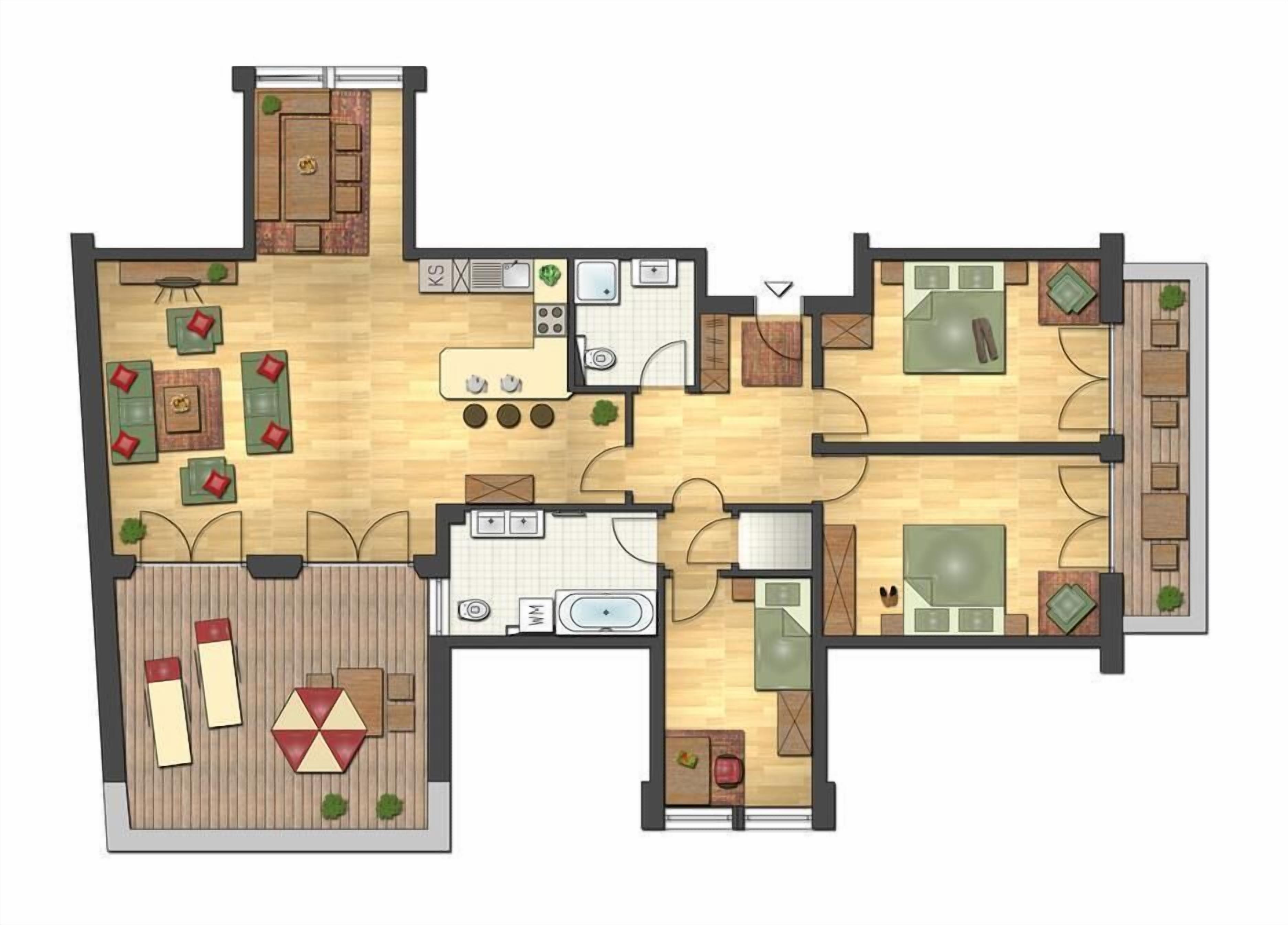 Planta baixa de um hotel com sala de estar, cozinha, sala de jantar, dois quartos, um banheiro e uma varanda.
