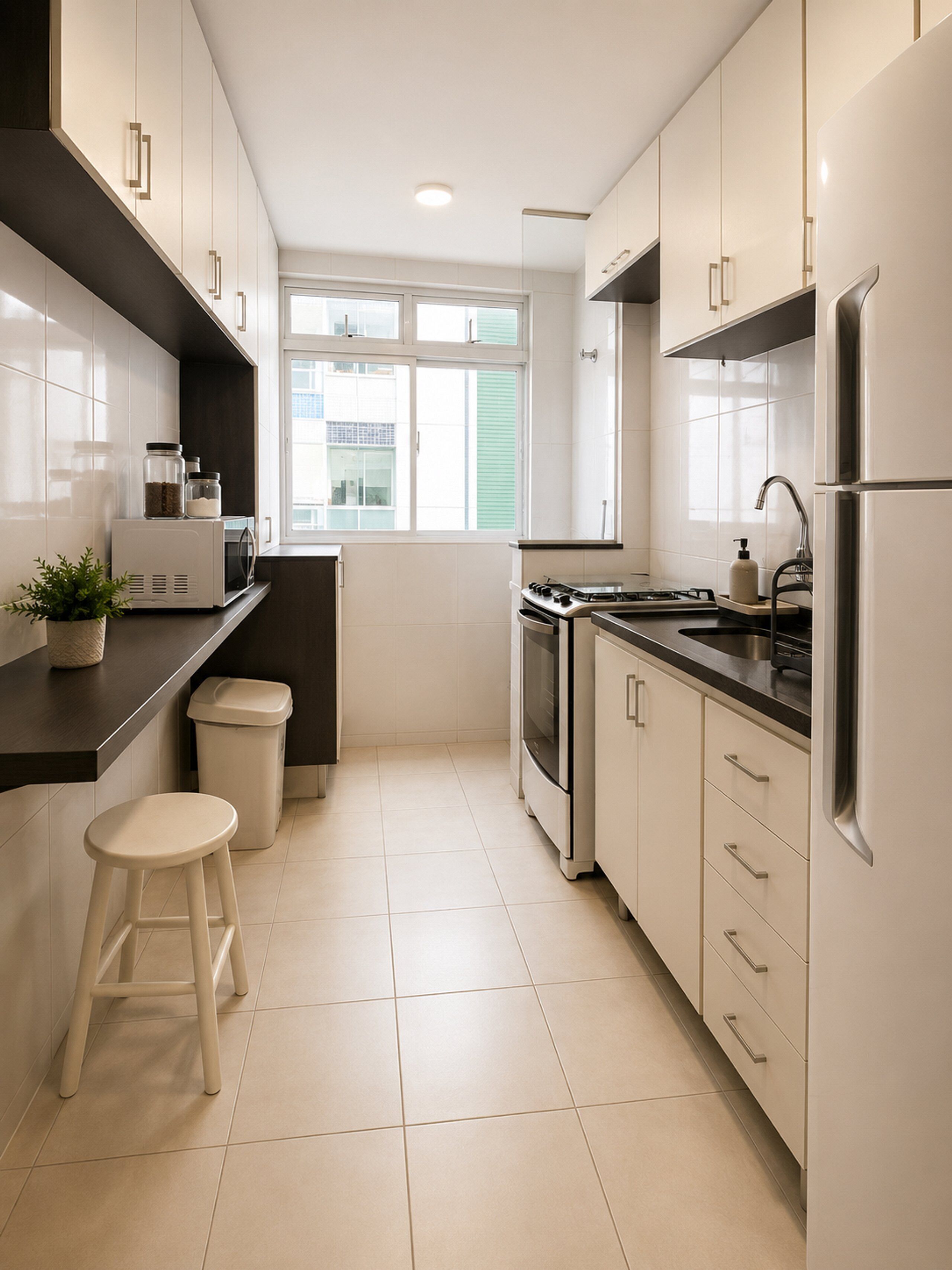 Apartamento | Cozinha privada | Geladeira, micro-ondas, fogão, liquidificador